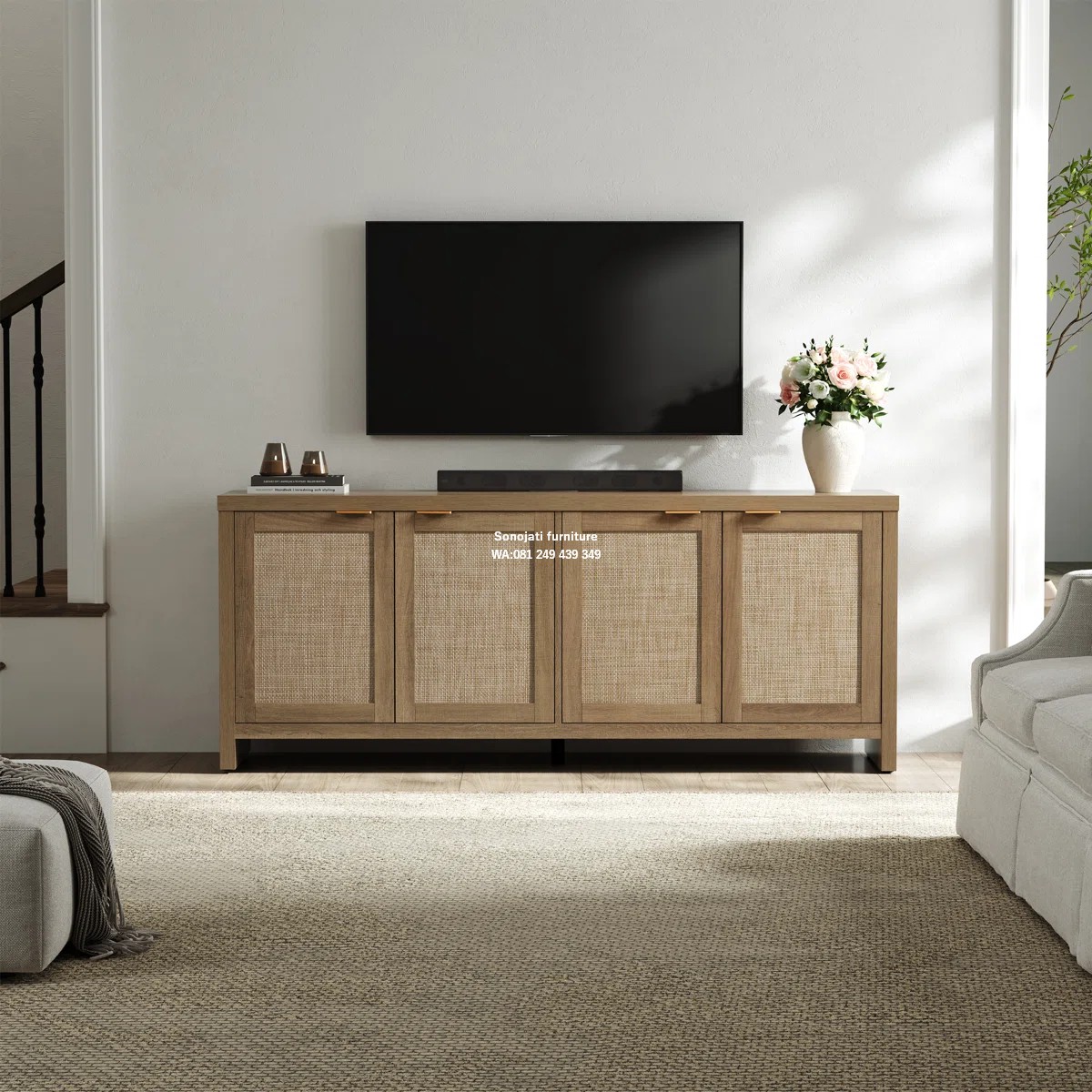 model meja tv minimalis Boho dengan 4 Lemari Penyimpanan Rotan - Sono ...
