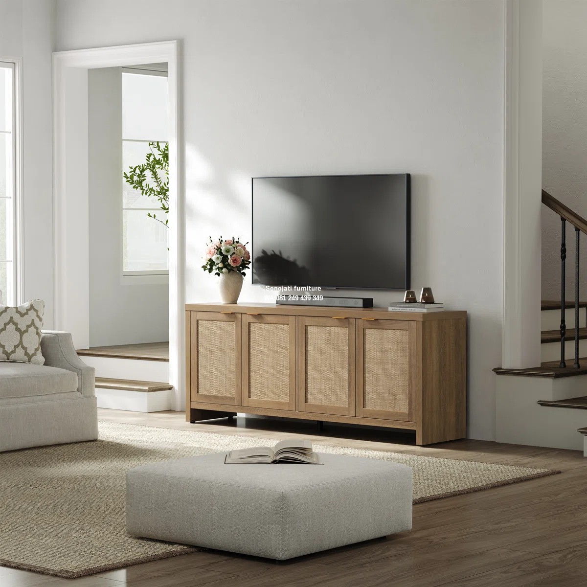 model meja tv minimalis Boho dengan 4 Lemari Penyimpanan Rotan - Sono ...